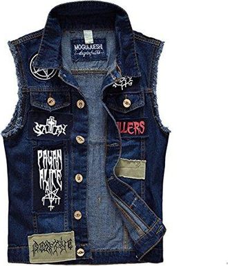 Missmao Homme Casual Veste en Denim Gilet en Jean Veste Blouson sans Manches Patches Jeans Bleu L