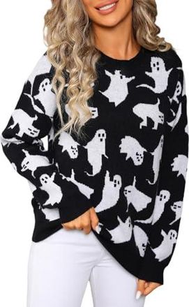 Generic Pull Oversize Femme Halloween Pull Over Tricoté À Motif dhalloween Imprimé Col Rond À Manches Longues Sweater Tops Tunique Pas Cher Automne-Hiver Gran