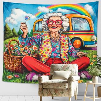 Generic Vintage-Wandteppich, Hippie-Blumen-Power, farbenfroher Regenbogen-Bohemian-Wandbehang, lustiger Wandteppich, ästhetisch für Wohnzimmer, Schlafzimmer, 