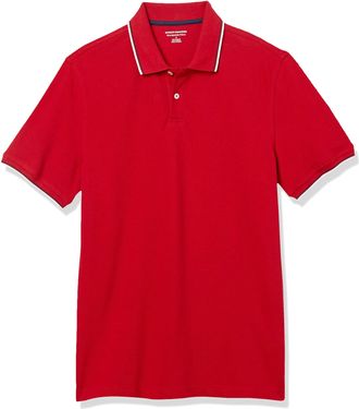 Amazon Essentials Herren Piqué-Poloshirt aus Baumwolle, Schmale Passform, Rot Thin Stripe, XL