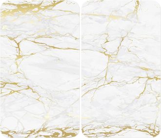 WENKO Herdabdeckplatte Universal Mod. Marmor Gold, höhenverstellbar für alle Herdarten, Schneidebrett und Spritzschutz, Glas, 30 x 52 cm, 2-teilig