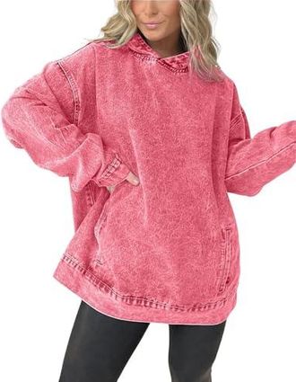 Generic Sweat à capuche en jean avec poches avant, veste en jean pour femme, sweat à capuche surdimensionné pour femme, rose rouge, XXL