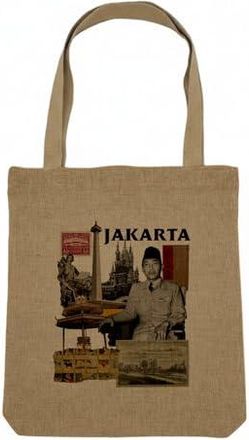 Fabulous Sac Shopping Tote Bag Aspect Lin - Jakarta Collage Indon&eacute;sie Voyage Carte Postale - Sac de Courses Toile Epaisse 360g Beige Naturel Cabas Port&eacute; Epaule