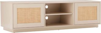 Oviala Meuble TV suspendu en bois 2 portes en rotin L160 cm cr&egrave;me