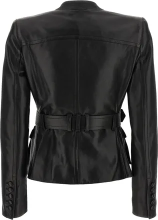Balmain Belted Leather Jacket - Black