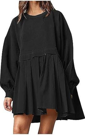 Generic Robe sweat-shirt d&eacute;contract&eacute;e &agrave; col rond et manches longues pour femme - Haut surdimensionn&eacute; pliss&eacute; en patchwork - Coupe d&eacute;contract&eacute;e - Mini robe unie