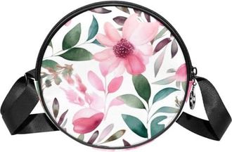 Generic Petit sac &agrave; bandouli&egrave;re circulaire pour femme, motif feuilles florales, sac &agrave; dos avec fermeture &eacute;clair, bretelles r&eacute;glables, sac &agrave; main rond d&eacute;contra