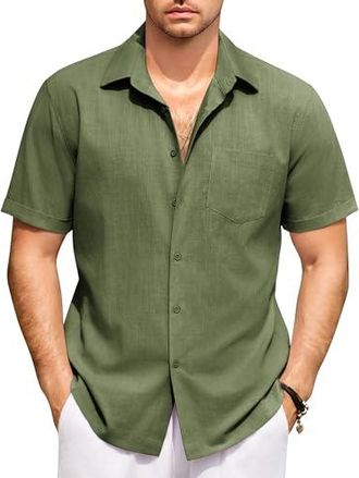Coofandy Chemise Homme Manches Courtes Chemise Coton Chemise Été Plage Chemises Décontractée avec Poche Poitrine Coupe Régulière Vert Armée XL