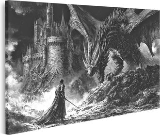 Islandburner Bild auf Leinwand Drache an der Burg mit tapferem Krieger Bilder Wandbilder Poster