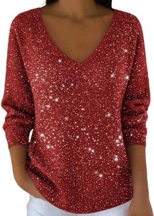 Generic 2026 Pull Paillettes Femme Chic Et Elegant Sweat Sweatshirts Hiver Chaud Manches Longues Pullover Pulls Grande Taille Col V Couleur Unie Haut Vetement