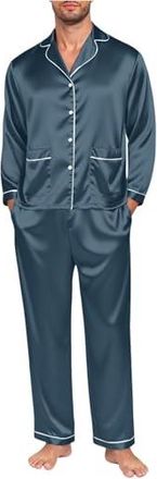 Generic Pyjama de Noël assorti à manches longues en satin de soie - Coupe ample et confortable - Chemise boutonnée et pantalon de pyjama, bleu marine, XXL