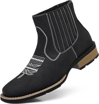 Generic Bottes Cowboy Homme Western Bottines Cheville en Cuir PU Chelsea Slip-on Bout Rond Motif Brodé Rétro Classique Ranch Durable Confortable Mode Décontra