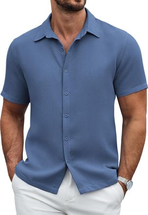 Coofandy Herren Hemd Kurzarm Regular Fit Freizeithemd Waffel Sommerhemd Textured Business Hemden Einfarbig Shirt Marineblau XXL