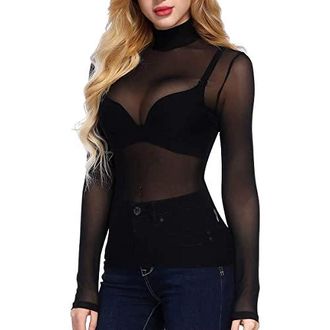 Onsoyours T-Shirt Femme Mesh Blouse Sexy Transparente Tops Moulant &agrave; Manches Longues Clubwear Haut en Maille Soir&eacute;e Elastique Chemise Tulle Tee Shirt C Noir XL
