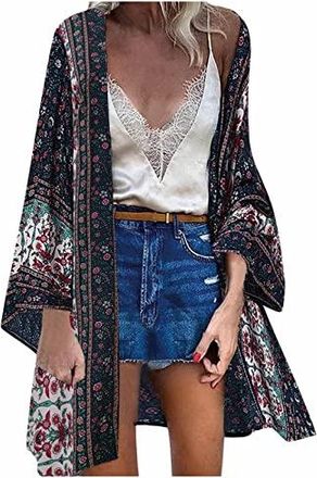 Generic Robe boh&egrave;me 2026 pour femme - Imprim&eacute; boh&egrave;me - Manches longues - Ample - Pour la plage et les vacances, bleu marine, XXL