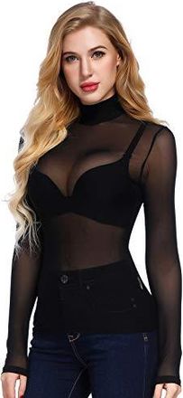 Kate Kasin T-shirt l&eacute;ger &agrave; manches longues Transparent Tulle Mesh Chemisier Body Tunique Tops Multicolore - Noir - XX-Large