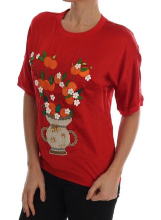 Dolce & Gabbana Womens Red Silk Orange Vase Crystal Top Cotton