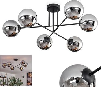 HOFSTEIN Deckenleuchte Gastor, Deckenlampe aus Metall/Glas in Schwarz/Chromfarben/Rauchfarben, Leuchte im modernen Retro/Vintage-Design mit Schirmen aus Glas (