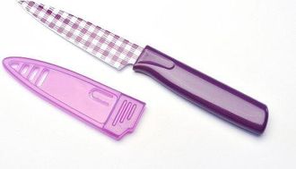 Kuhn Rikon 22461 Messer Colori Art CA Gingham Rüstmesser violett kariert Gemüsemesser Edelstahl antihaftbeschichtet 19,5 cm m. Klingenschutzh