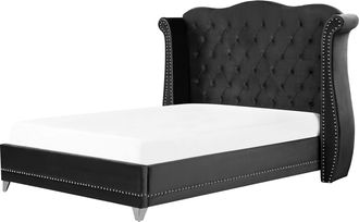 Beliani Bett Samtstoff im Chesterfield Stil hohes Kopfteil schwarz 160 x 200 cm Ayette