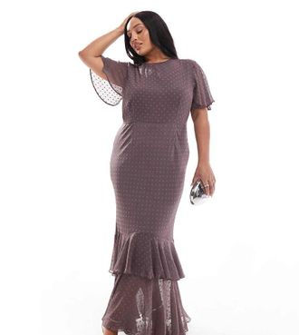 Asos Curve ASOS DESIGN Curve - Gestuftes Maxikleid aus Dobby-Stoff in Pflaume/Mauve mit Flügelärmeln und Rüschen-Bunt