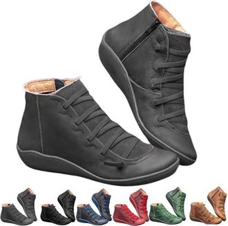 Generic Bottines pour femme sans talon, soutien de la vo&ucirc;te plantaire, confortables &agrave; lacets, bottines plates larges orthop&eacute;diques &agrave; fermeture &eacute;clair lat&eacute;rale