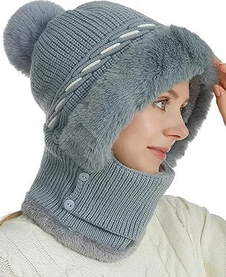 Feoya Bonnet Femme Hiver Chaud Tricot&eacute; avec Cache-Cou 2 en 1 Cagoule Tour De Cou Balaclava Chapeau Multifonction pour Outdoor Moto VTT Surf V&eacute;lo Cyclisme B4