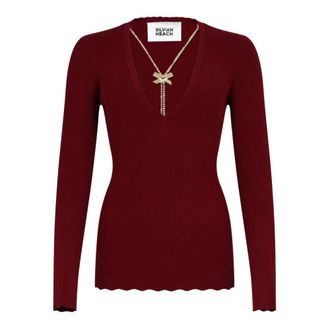 Silvian Heach Pull en maille &agrave; col en V Tenira - Femme - Pulls - Rouge - Taille: 36 FR