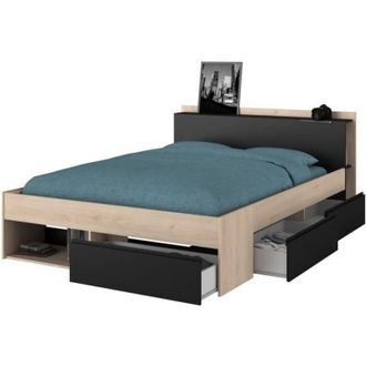 Parisot Lit adulte combo 160x200 cm - Chene et noir - 3 Tiroirs