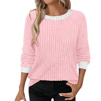 Generic Pull en tricot à manches longues pour femme - Col rond - Bloc de couleurs - Pull ample - Élégant - Pull côtelé - T-shirt à manches longues - Confortab