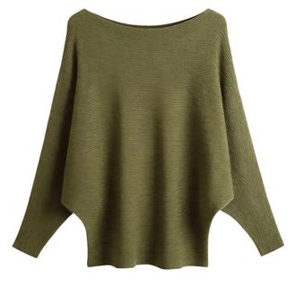Generic Pull tricot&eacute; &agrave; manches chauve-souris pour femme - Col bateau - Manches chauve-souris - Pull dhiver &agrave; col bateau, vert militaire, Taille unique