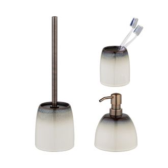 Schöner Wohnen Kollektion Bad-Acc.Set Mod. Osteto 3 TLG aus hochwertiger Keramik in Beige mit Seifenspender Zahnputzbecher und WC-Garnitur Maße 38,5 x 11,5 cm