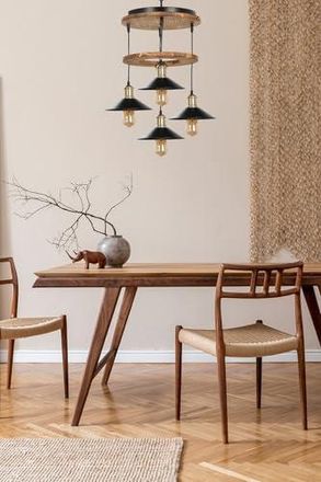 Opviq Industrial Rustic Chandelier, Wooden Body & Metal Cap, 35 cm Diameter, 80 cm Height, Adjustable, E27 Socket, Brown & Black | Perfect for Country Homes