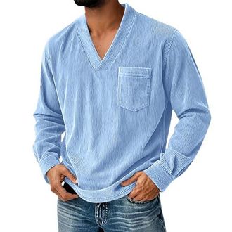 Generic Chemise &agrave; manches longues en velours c&ocirc;tel&eacute; pour homme - Col en V - Coupe ample - Style d&eacute;contract&eacute; et tendance, bleu ciel, 3XL