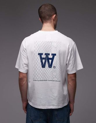 Wood Wood Liam - T-Shirt in Wei&szlig; mit grafischem Gitterzaun-Print