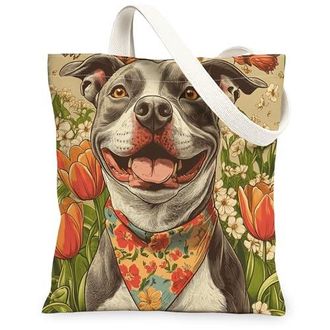 Generic Sac fourre-tout en toile motif chien Pitbull printanier pour faire du shopping, 33 x 38,1 cm, sac &agrave; bandouli&egrave;re r&eacute;utilisable pour femme, peinture dani