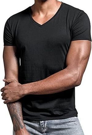 Generic T-shirts de sport pour hommes coupe musclée col en V manches courtes athlétique course gym t-shirts respirants cool pull dentraînement tops, Noir, XXL