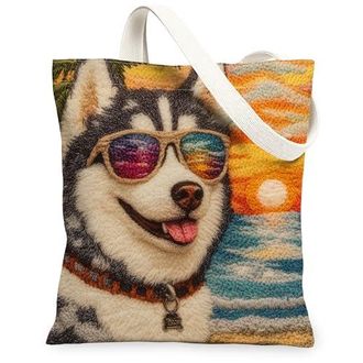 Generic Summer Alaskan Malamutes Sac fourre-tout en toile pour faire du shopping, 33 x 38,1 cm, sac r&eacute;utilisable &agrave; motif imprim&eacute; de chiot c&ocirc;tier pour femme, p