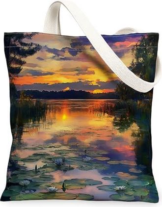 Generic Sac fourre-tout en toile r&eacute;utilisable pour le shopping 33 x 38 cm, motif fleurs de campagne, arbre de champ, sac d&eacute;picerie pour femme, peinture floral