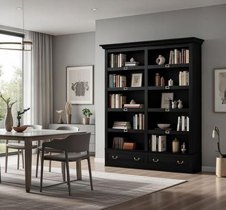 Maison Belfort home24 B&uuml;cherregal I Massivholz Pinie, lackiert R&uuml;ck-, Seitenw&auml;nde & Einlegeb&ouml;den: MDF Mitteldichte Holzfaserplatte, lackiert Schwarz/Schwarz 214 x
