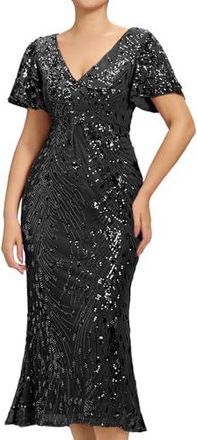 Ever-pretty Robe de Soirée Femme en Paillettes Col V Élégants Volants aux Manches Noir 42