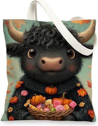 Generic Adorables sacs à provisions en toile danimaux, adorable motif de taureau de dessin animé, sacs à provisions réutilisables, motif coloré dautomne, sacs