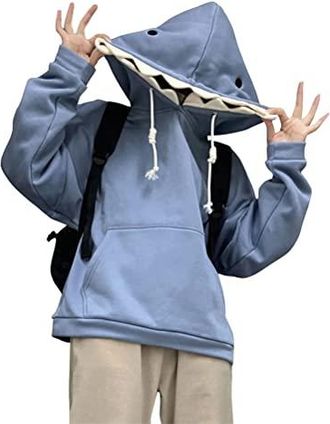 ORANDESIGNE Femme Requin Sweats à Capuche Anime Kawaii Coréenne Manches Longues Harajuku Streetwear Kpop Vêtements Surdimensionné Automne Hiver B Bleu XXL