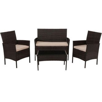 Hhg Poly-Rattan Garten-Garnitur HHG 069, Sitzgruppe Lounge-Set, Metall Glas Stoff/Textil (180g/m&sup2;) anthrazit, Kissen creme