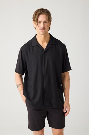 Knowledge Cotton Apparel Herren vegan Kurzarmhemd Moss Relaxed Black Jet