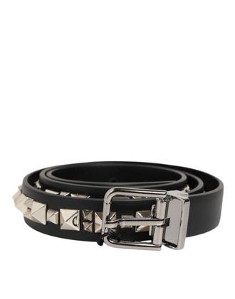 Dolce & Gabbana Mens Black Leather Studded Silver-Tone Buckle Belt