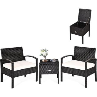 Costway 3-teiliges Gartenm&ouml;bel Set, Balkonm&ouml;bel mit Kissen, Polyrattan Balkonset mit 2 Sessel und Tisch, Sitzgruppe Terrassenm&ouml;bel Rattanm&ouml;bel f&uuml;r Balkon