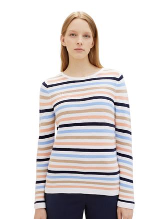 Tom Tailor Damen Basic Strickpullover aus Bio-Baumwolle, 34798 - Peach Blue Ottoman Stripe, XXL