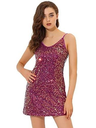 Allegra K Robe à Paillettes pour Femme - sans Manches - Col en V - Robe Spaghetti - Paillettes métallisées, Framboise, M