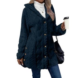 Generic Cardigan &agrave; Capuche Jacquard Manteau Femme Automne Hiver Chaud Mode Jacquard Cardigan &agrave; Capuche Manches Longues Manteau, bleu marine, 3XL